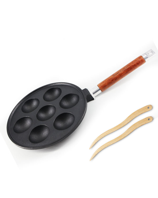 7-Hole Cast Iron Aebleskiver Pan Detachable Wooden Handle - StarBlue